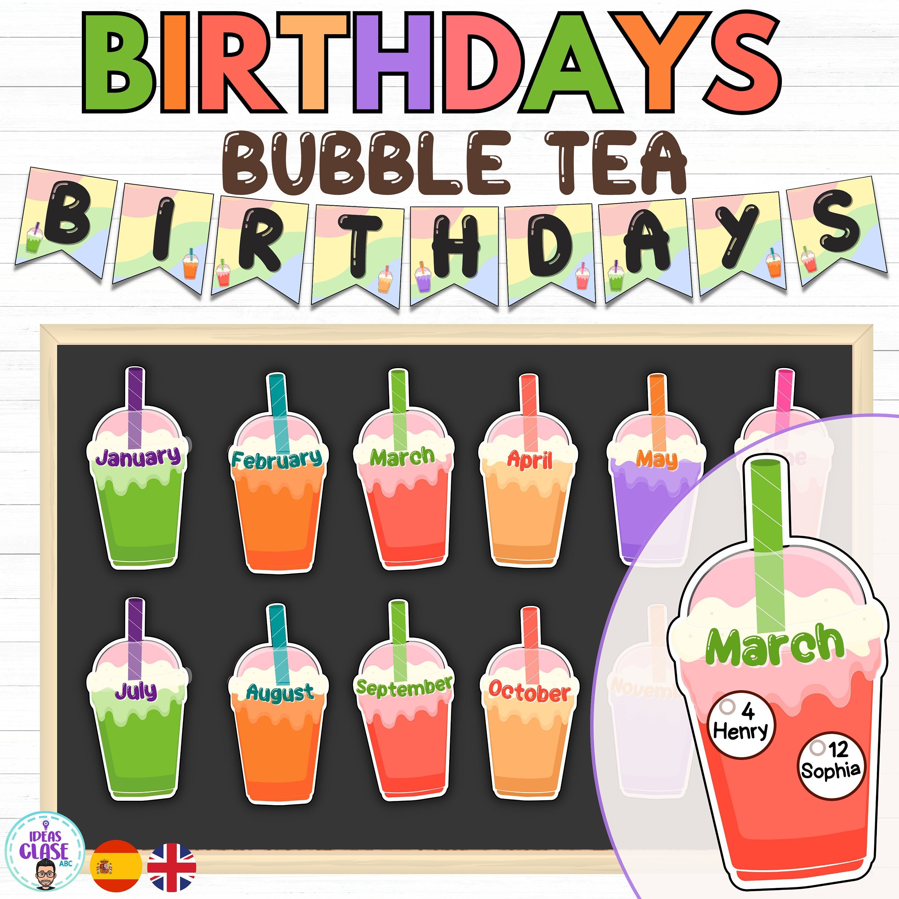 Bubble Tea- Birthday Display | Birthday Bulletin Board- Bilingual - Etsy