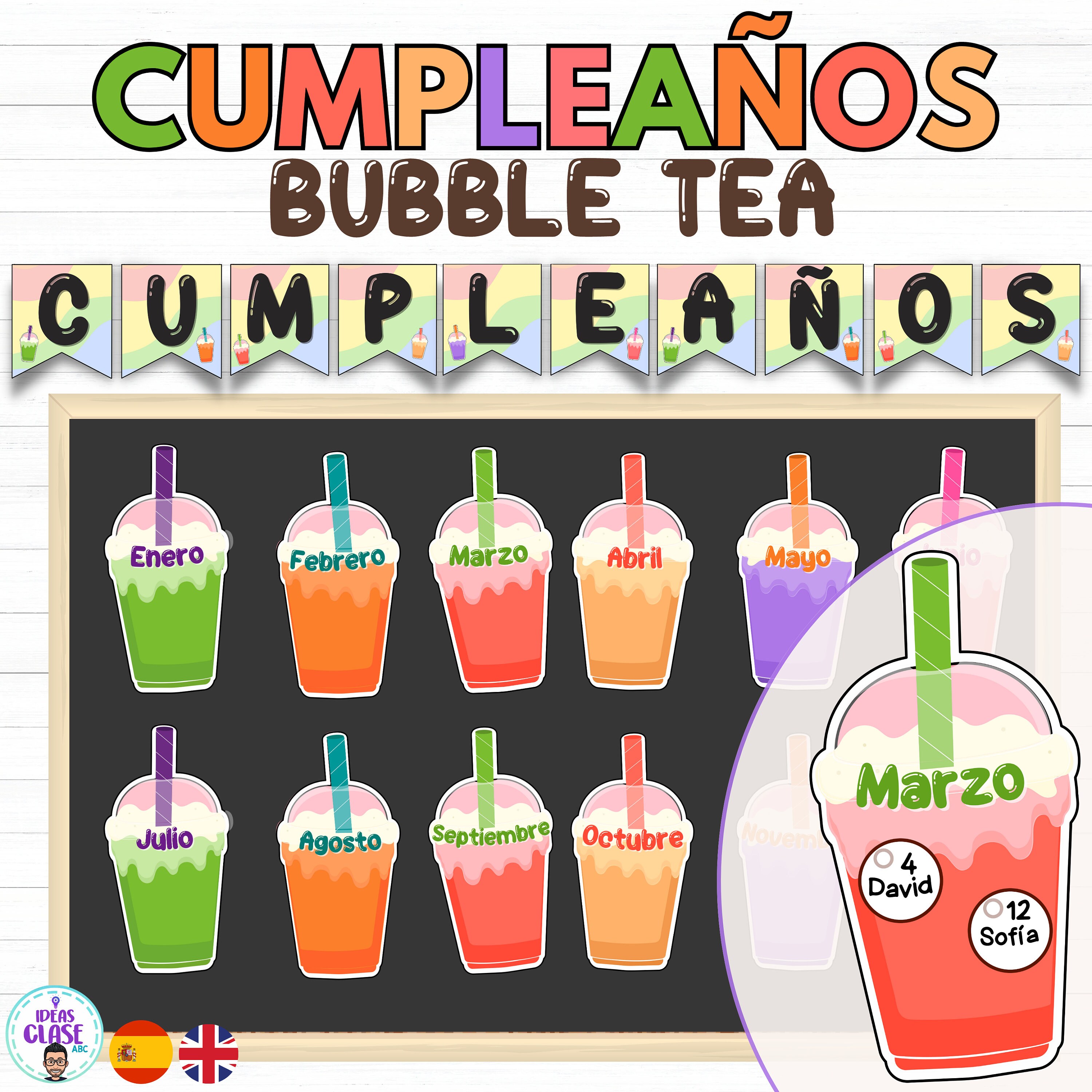 Bubble Tea- Birthday Display | Birthday Bulletin Board- Bilingual - Etsy