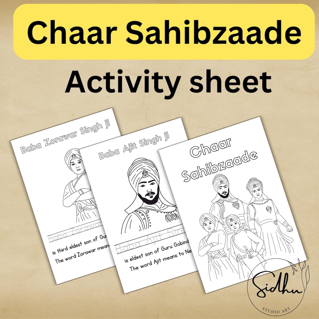 Chaar Sahibzaade Coloring Pages, Sikh Kids Activity Sheet (digital ...