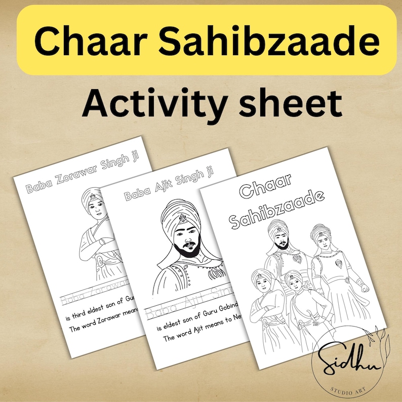 Chaar Sahibzaade Coloring Pages, Sikh Kids Activity Sheet (digital ...