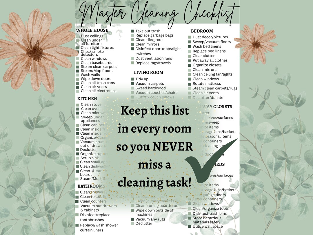 Master Cleaning List, Cleaning Checklist, Cleaning Planner, Cleaning ...