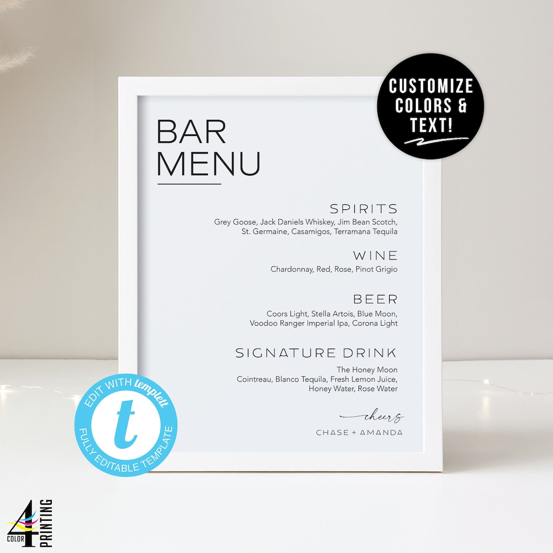 Bar Menu Template | Bar Sign Template | Bar Menu Sign | Wedding Bar ...