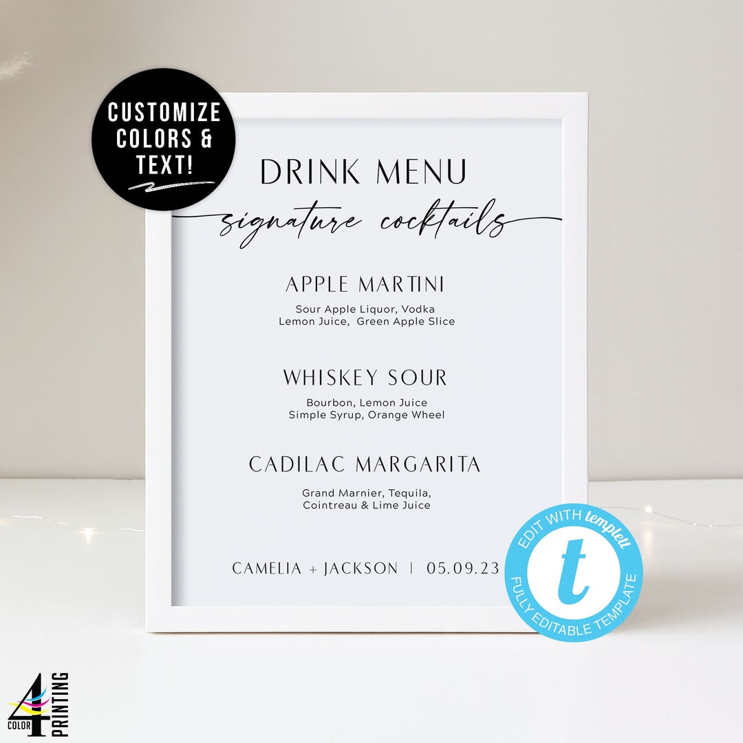 Signature Drink Sign Template | Signature Cocktail Sign | DIY Signature ...