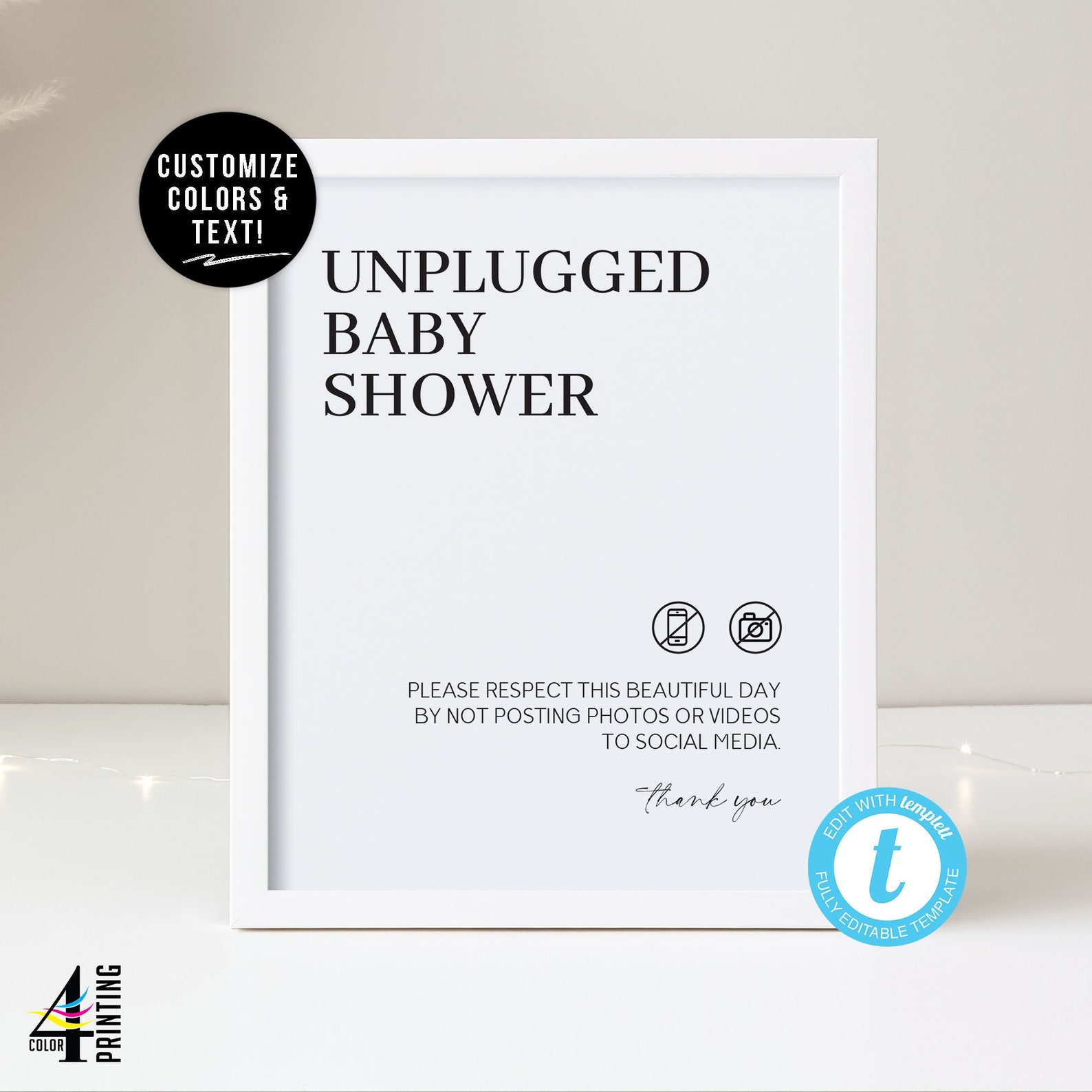 Unplugged Baby Shower Sign Template | Editable Text (digital Download ...