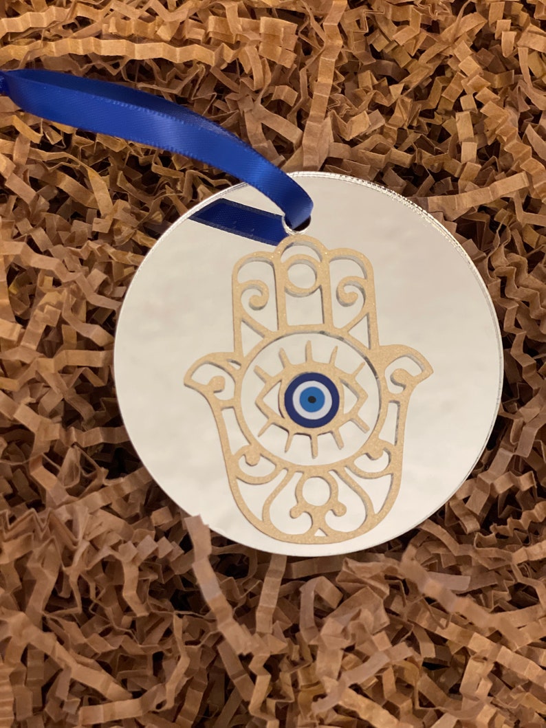 Evil Eye Ornaments- Mirrored Round Acrylic Ornaments- Hamsa Hand With ...
