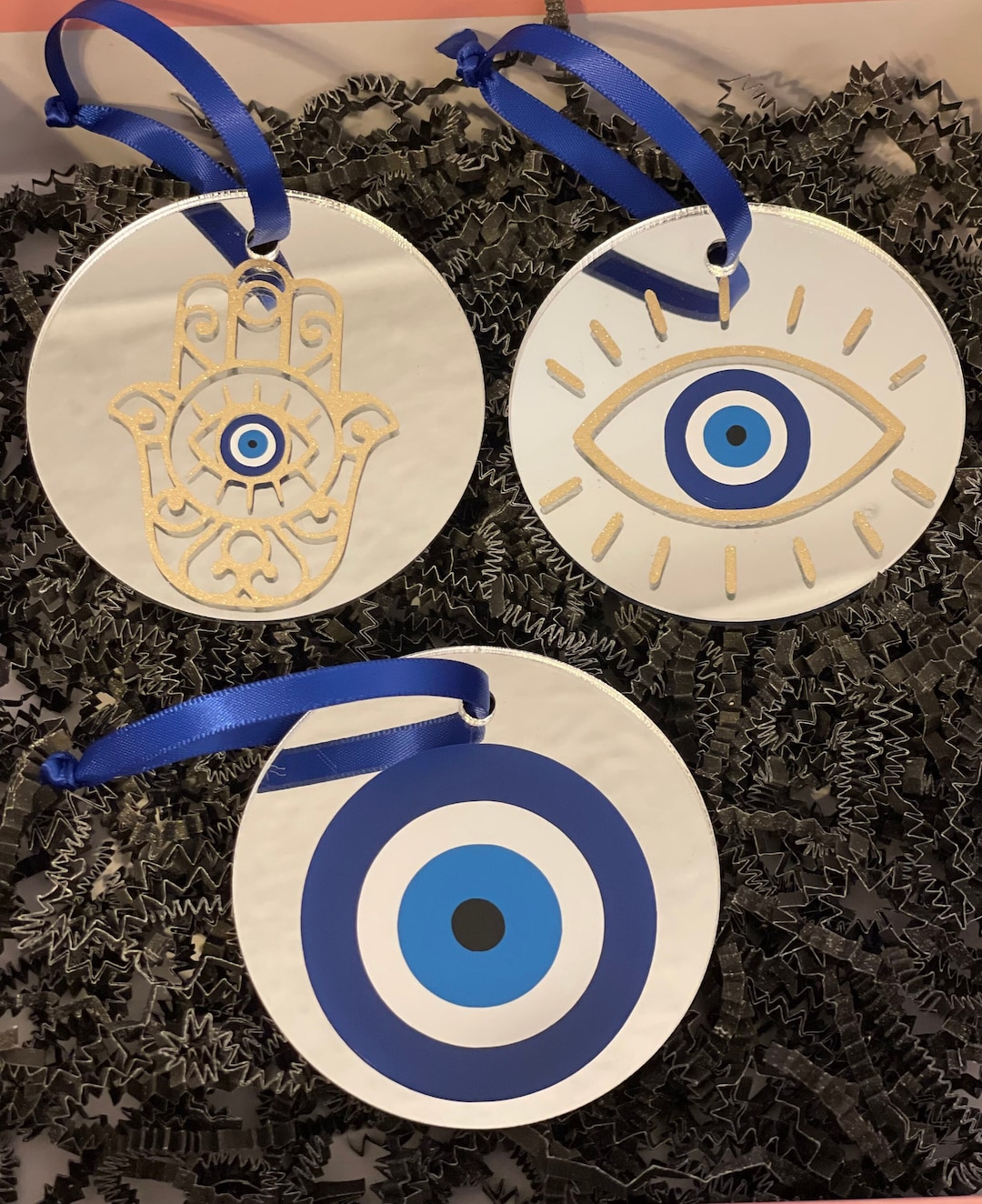 Evil Eye Ornaments- Mirrored Round Acrylic Ornaments- Hamsa Hand With Evil Eye- Evil Eye ...