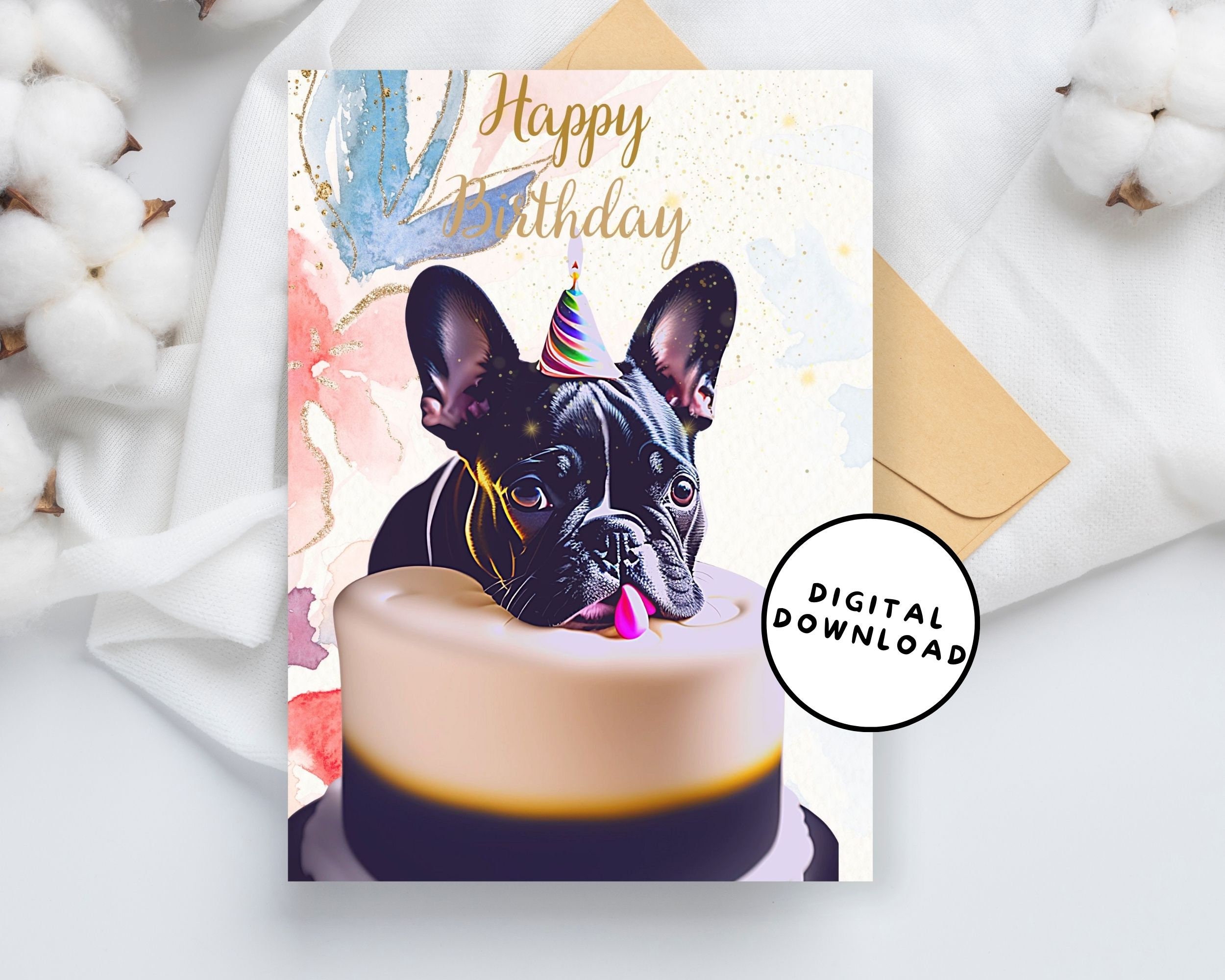 Printable French Bulldog Happy Birthday Card, Birthday Wishes, Floral ...