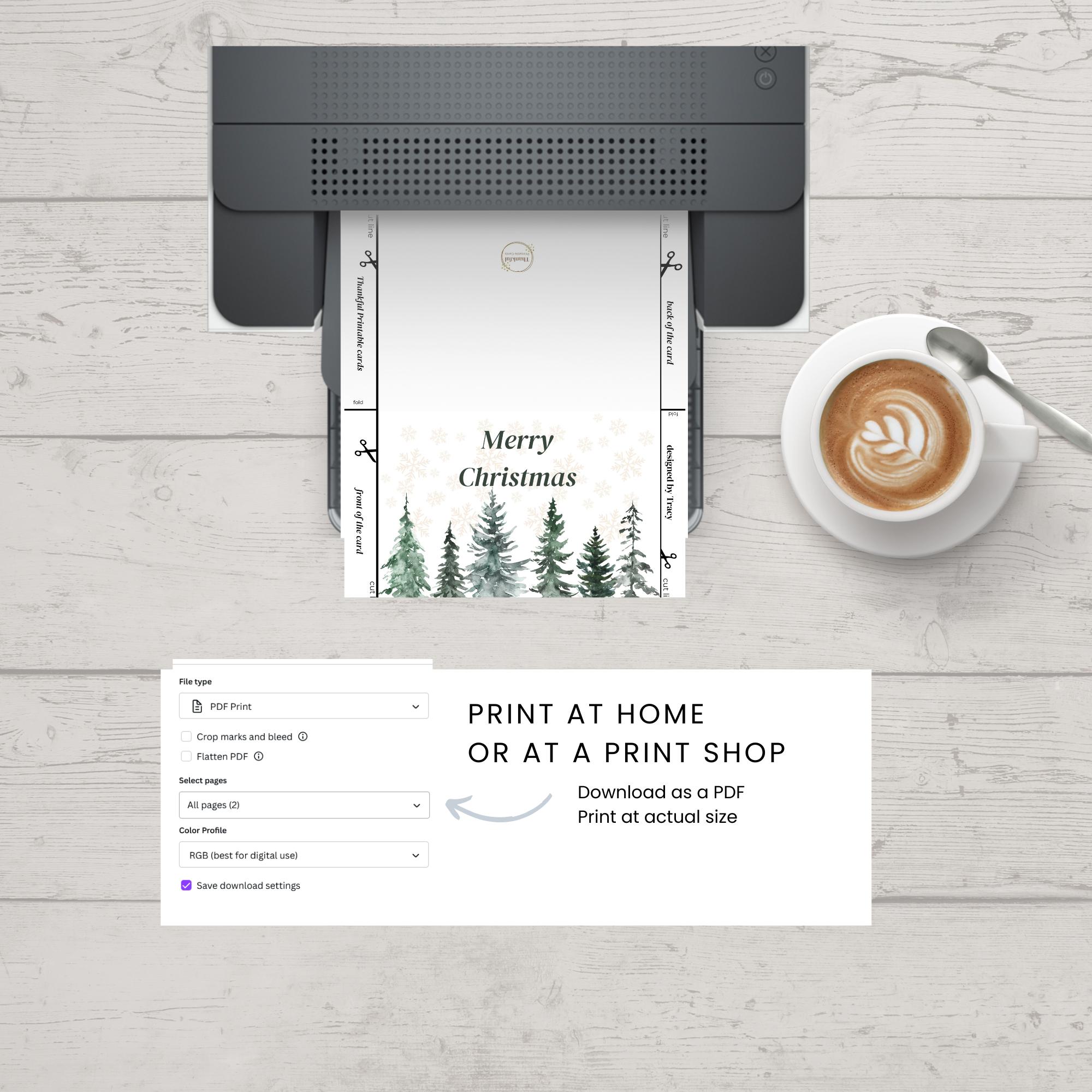 Printable Christmas Card Evergreen Tree Card Snow Falling Greeting Card ...