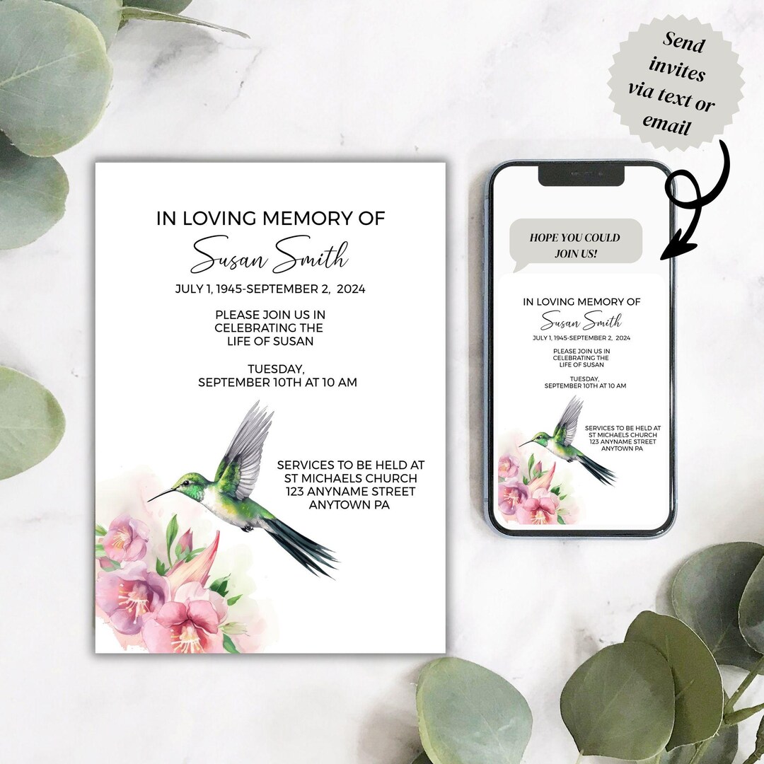 Funeral Announcement With Hummingbird | Celebration of Life Template ...