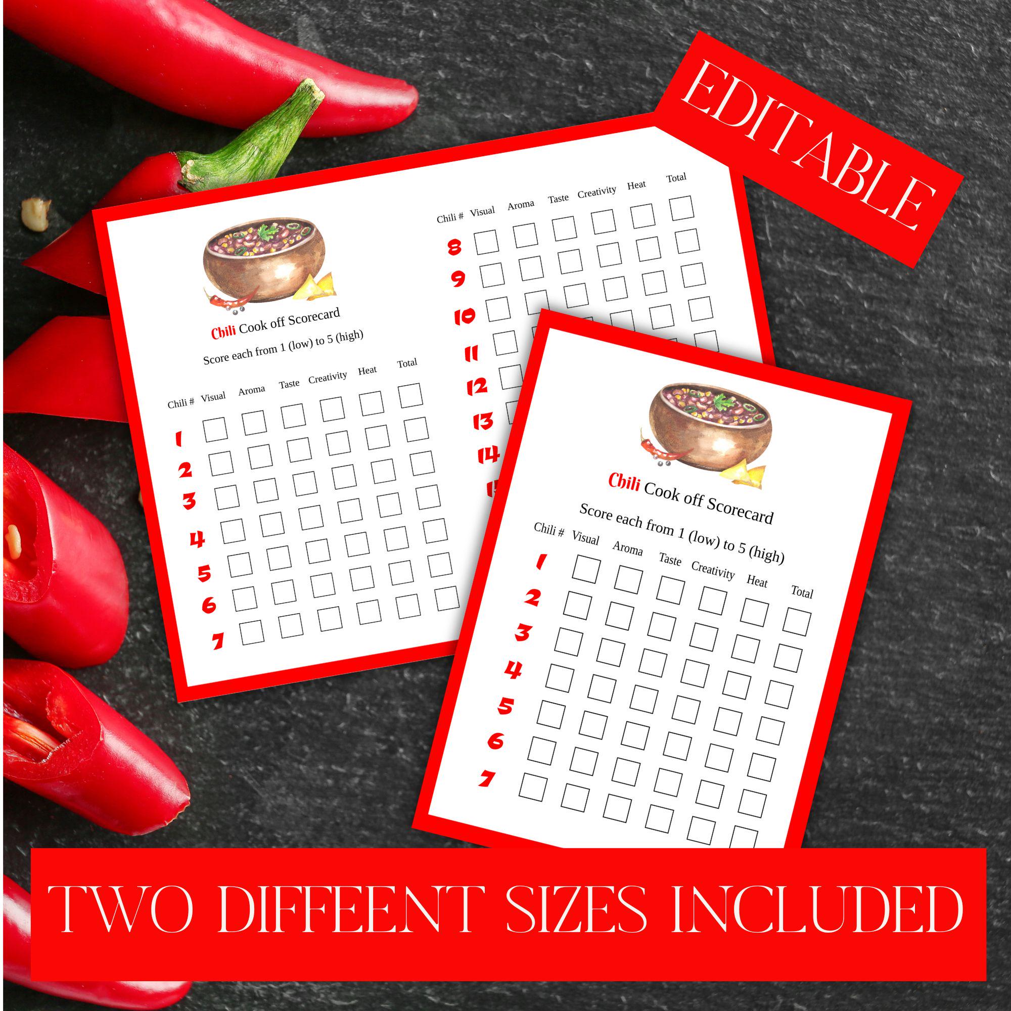 Chili Cook-off Scorecard Printable for Chili Competition, Editable, Two ...