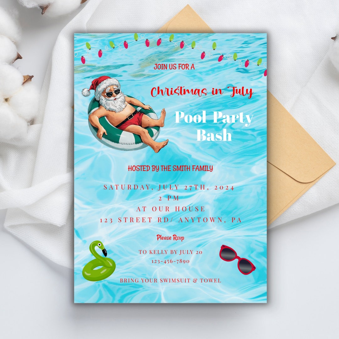 Editable Christmas in July Party Invitation Pool Party Flamingo ...