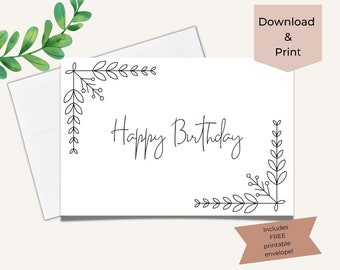 Happy Birthday Minimal Line Art Digital Download Card - Etsy