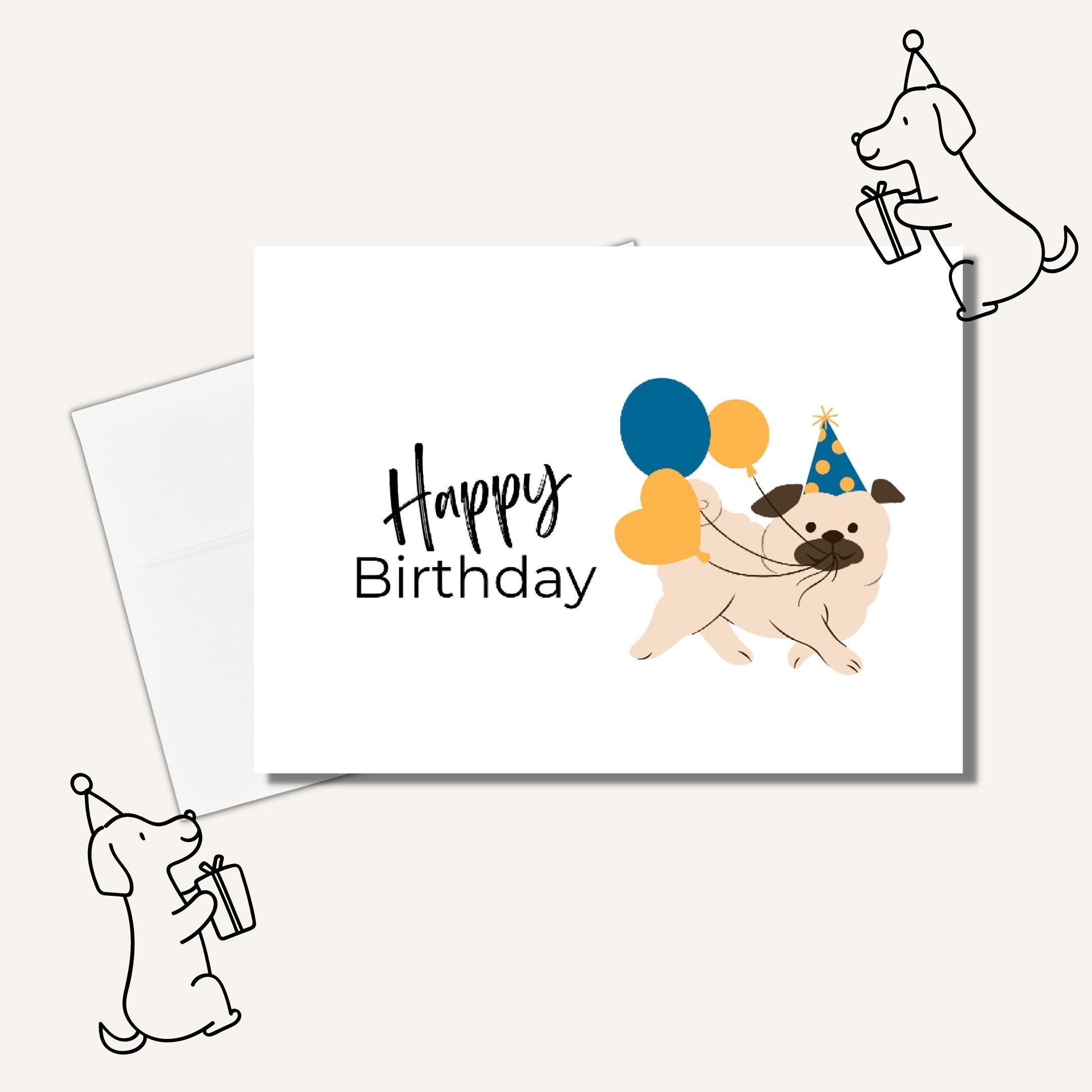 Pug Birthday Card Printable Card with Envelope Blue Yellow Dog Lover ...