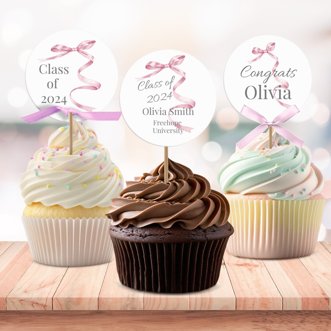 Pink Ribbon Editable Graduation Cupcake Topper | Editable Template ...