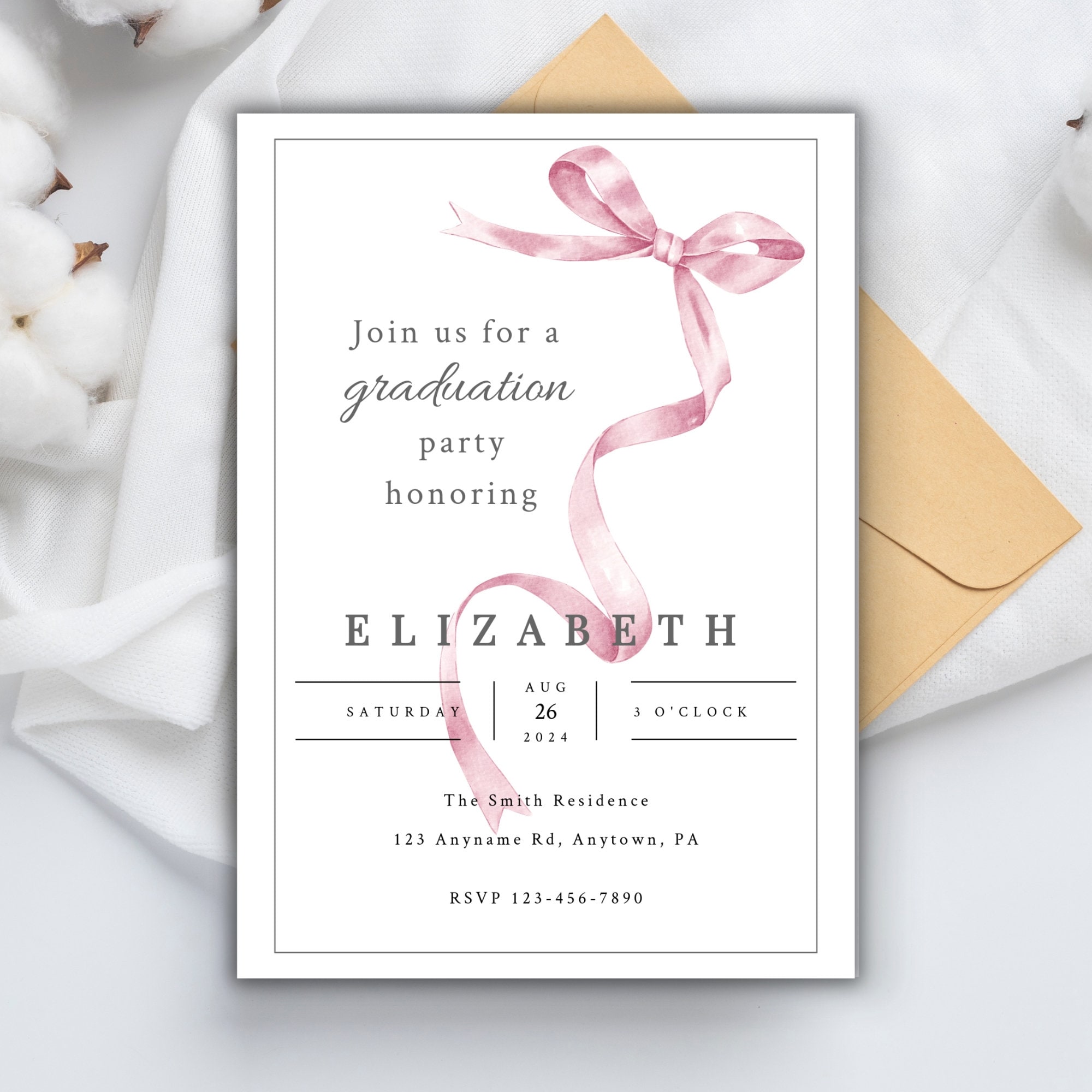 Elegant Pink Bow Coquette Graduation Invitation | Editable 2025 ...