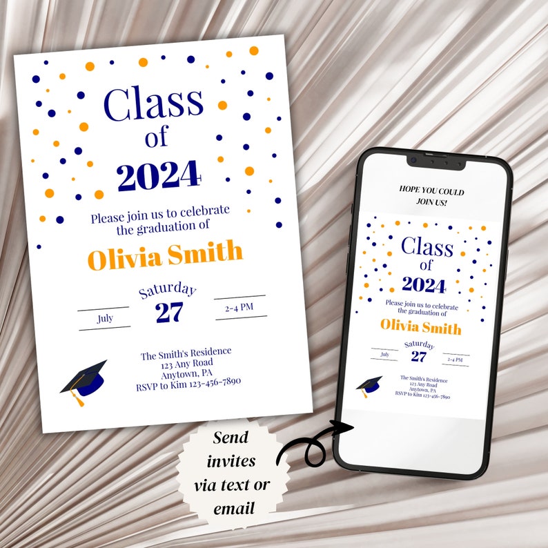 Clase de 2024 / Invitación de graduación azul y naranja / Graduación de ...