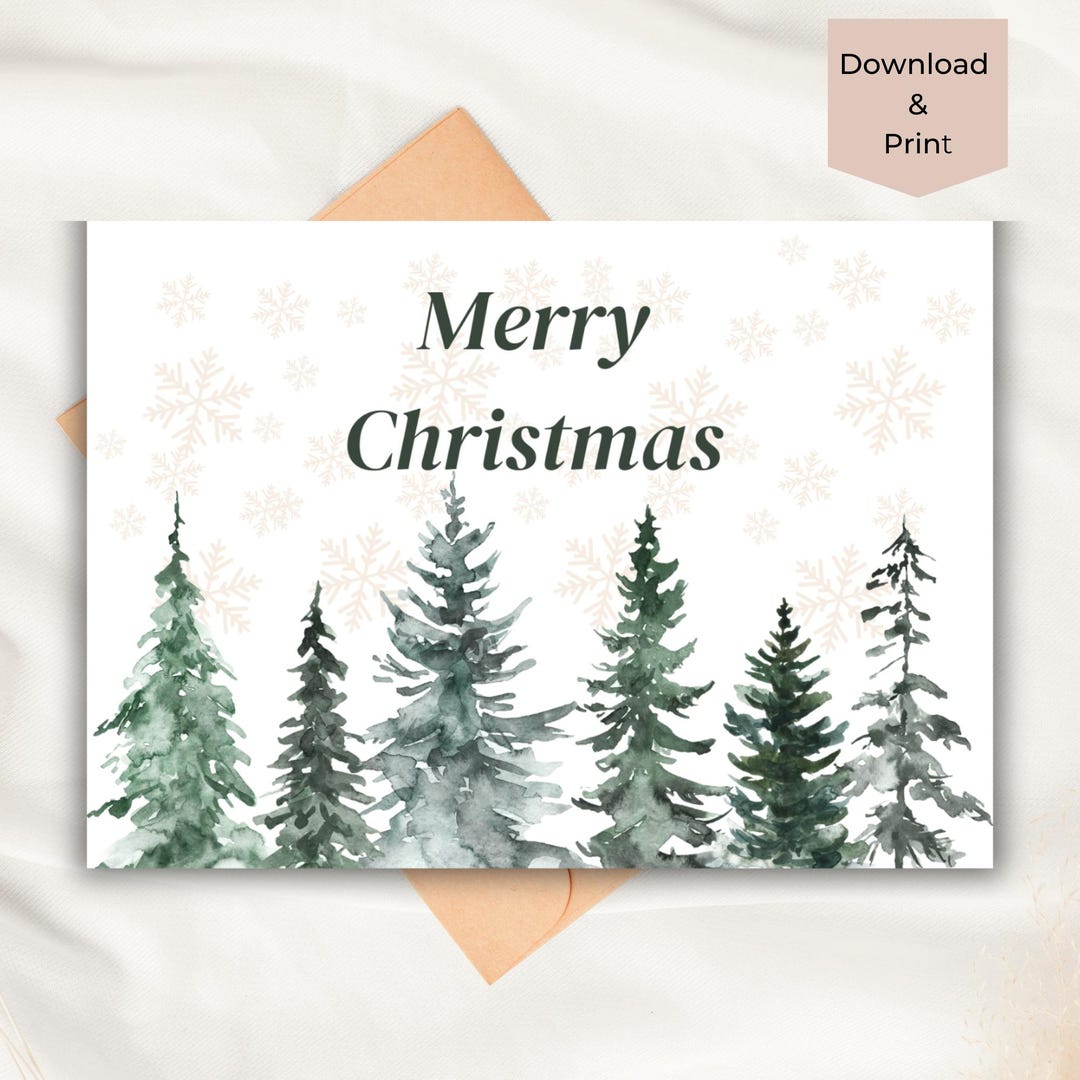 Printable Christmas Card Evergreen Tree Card Snow Falling Greeting Card ...