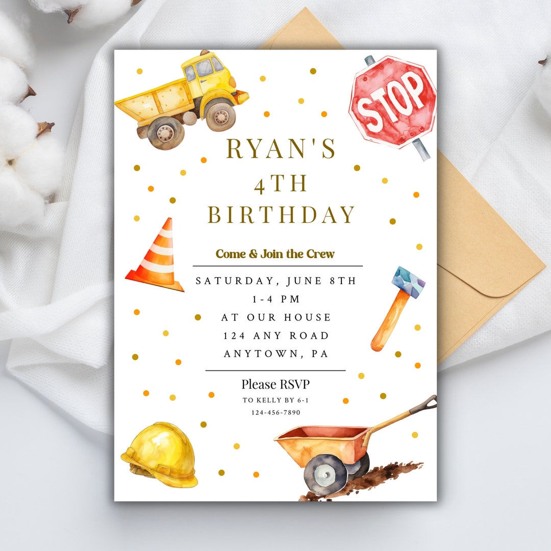 Construction Site Birthday Party Invite Editable Construction Birthday ...