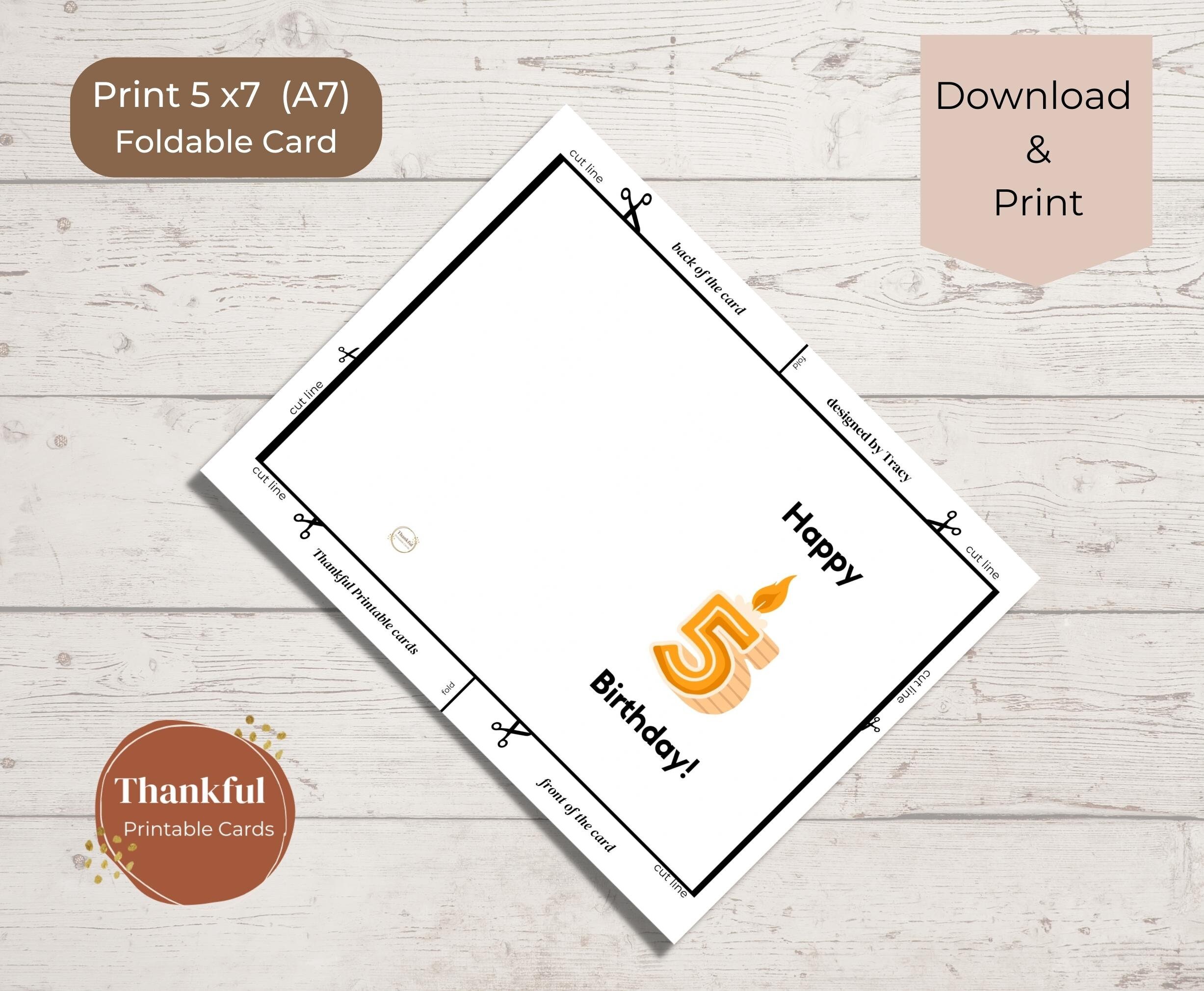 5th Birthday Card Printable Card with Envelope Gold, Candle, for Girl ...