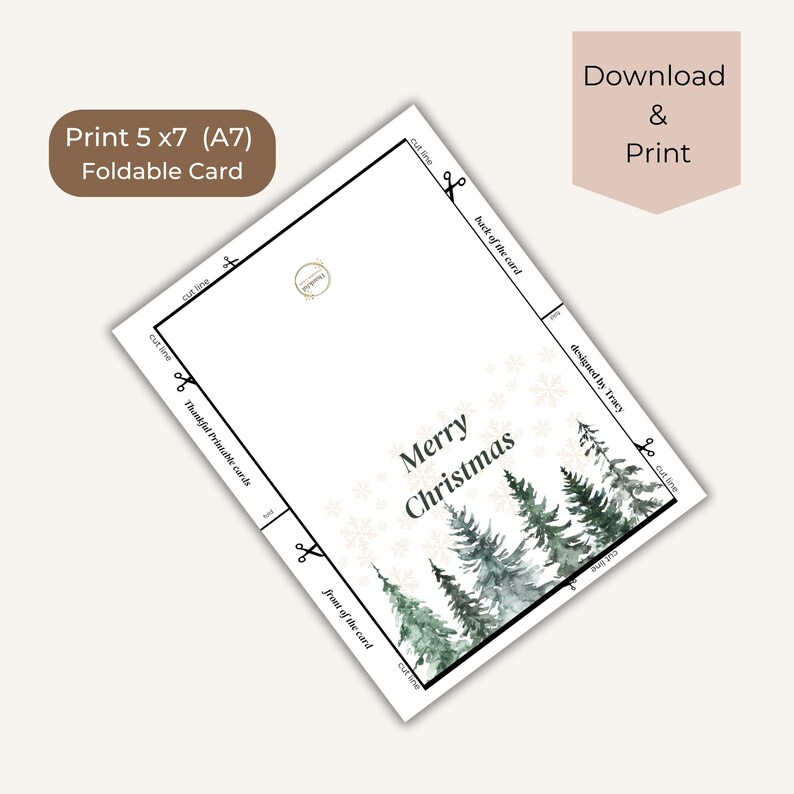 Printable Christmas Card Evergreen Tree Card Snow Falling Greeting Card ...