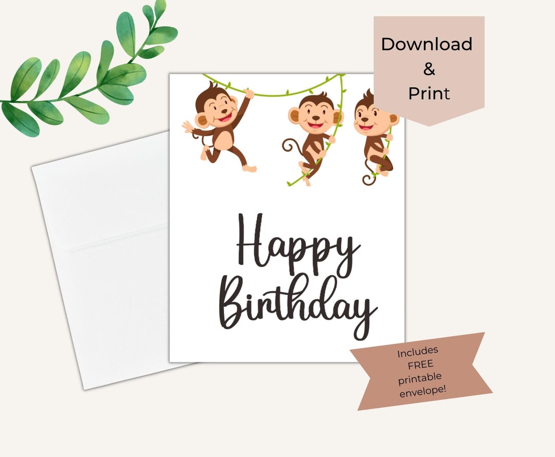 Happy Birthday Monkey Printable Card | Digital Download Card | 5 X 7 ...