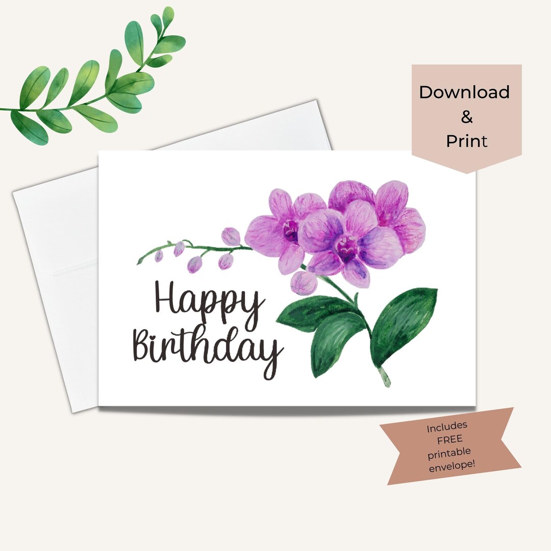 Printable Birthday Card Orchid | Digital Download Card | 5 X 7 | Purple ...
