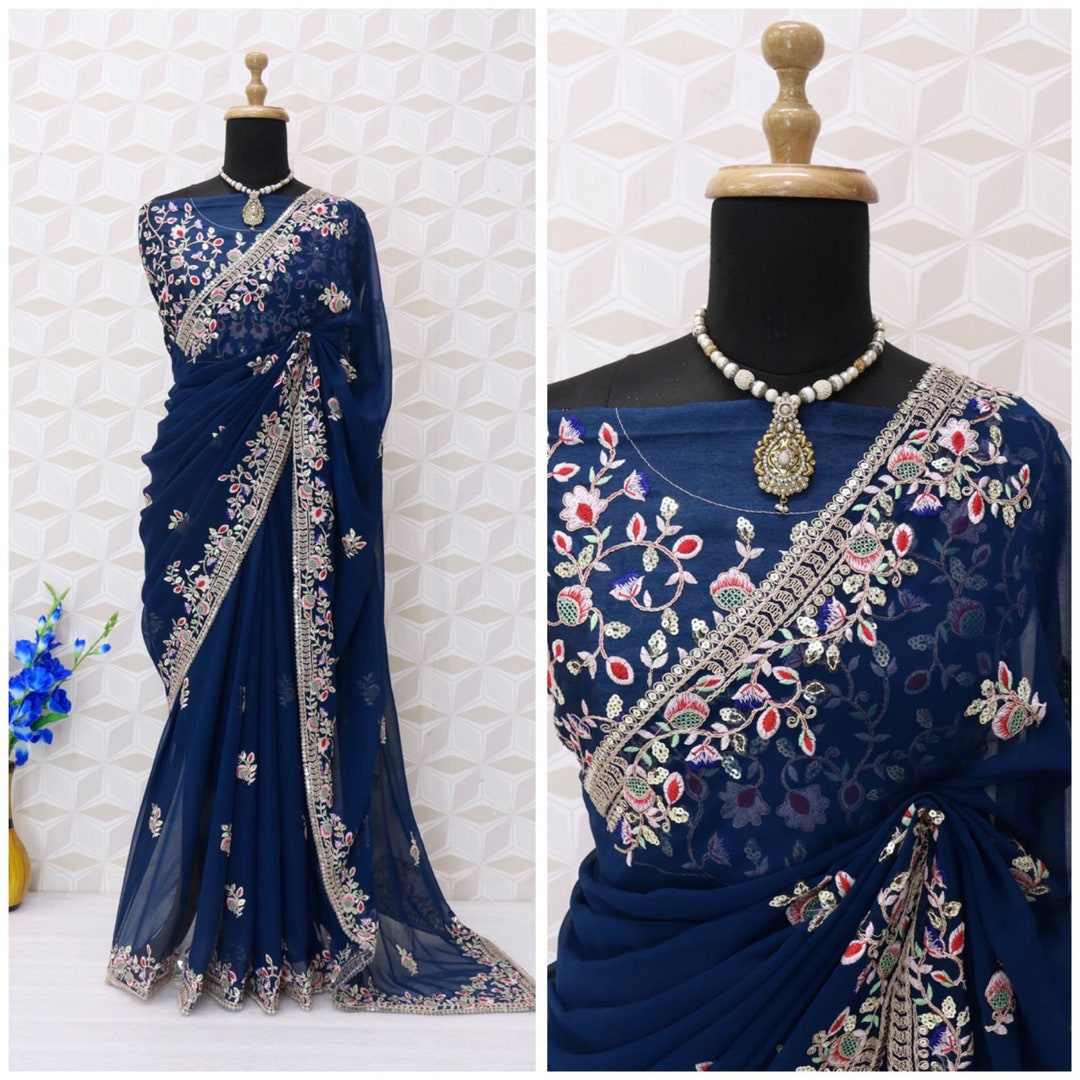 Navy Blue Heavy Georgette Embroidery Cut Work Saree With - Etsy