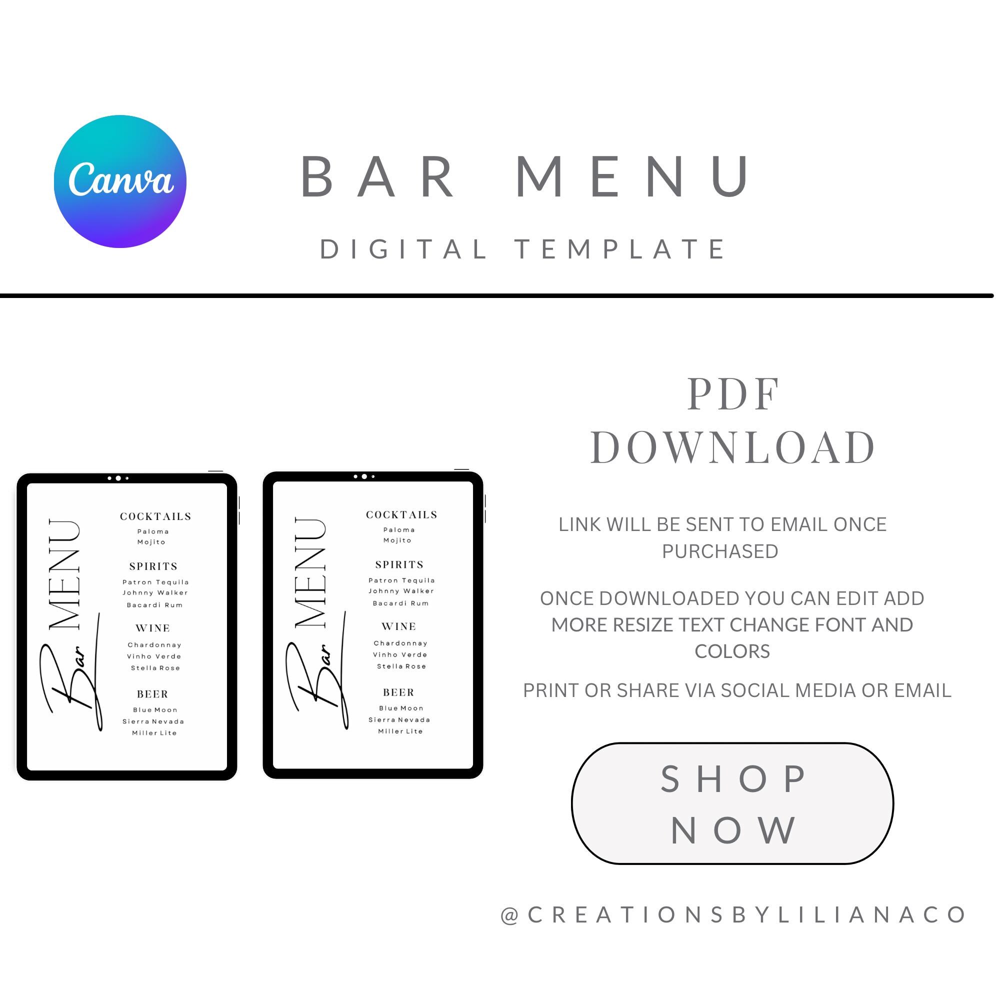 Modern Bar Menu Sign Template Wedding Drink Menu Template, Printable ...