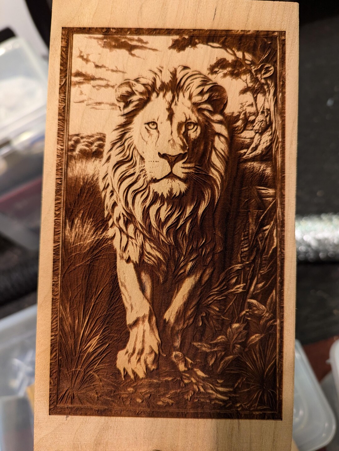 Lion Engraved on Wood Savanah Background Painting Art Home Wall Decor ...