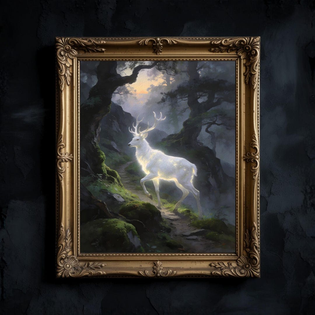 Mythical White Stag Digital Art | Glowing Forest Guardian Illustration ...