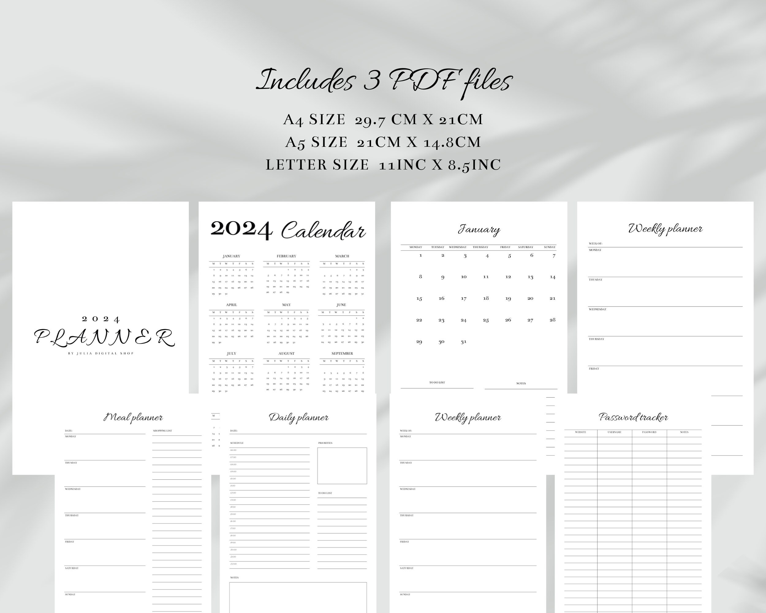 Printable Year, Month, Week and Daily Planner, 2024 Calendar, A4/A5 and ...