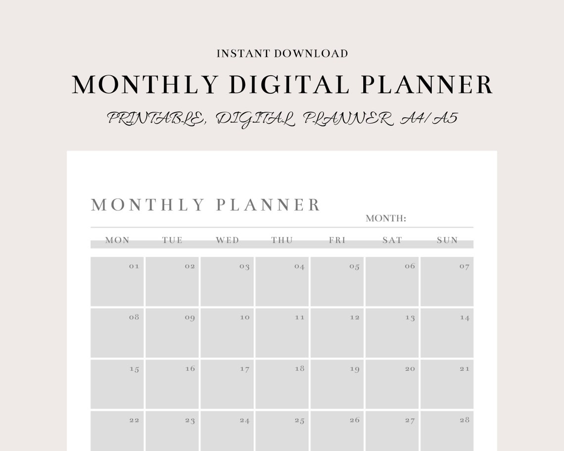 Monthly Digital Planner Instant Download Printable Planner - Etsy