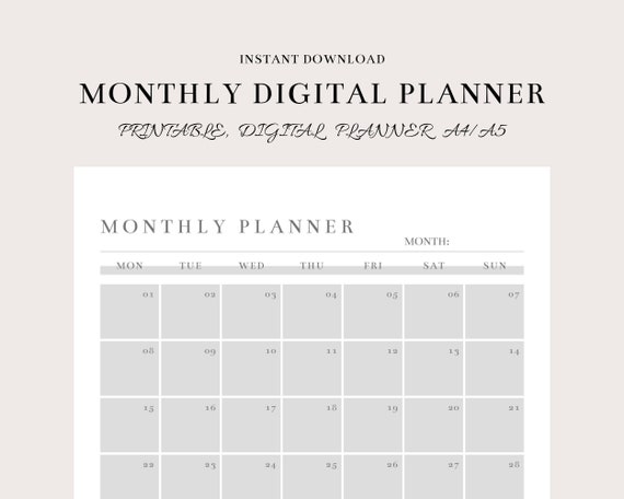 Monthly Digital Planner Instant Download Printable Planner - Etsy