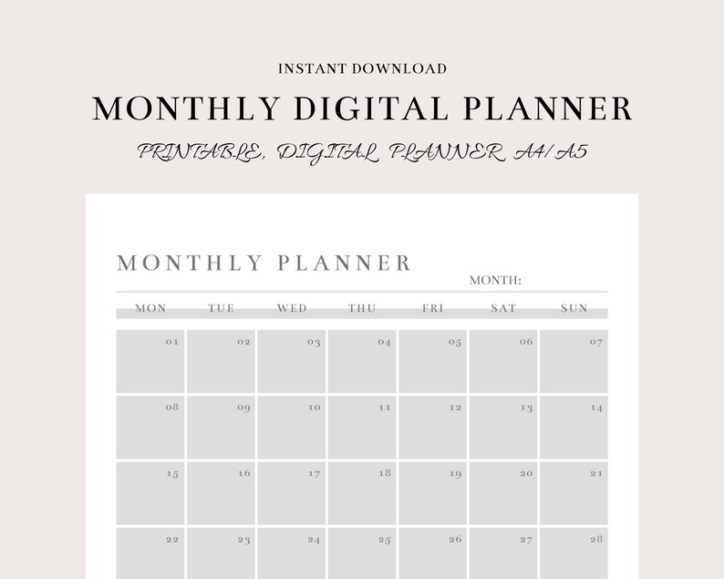 Monthly Digital Planner Instant Download Printable Planner - Etsy