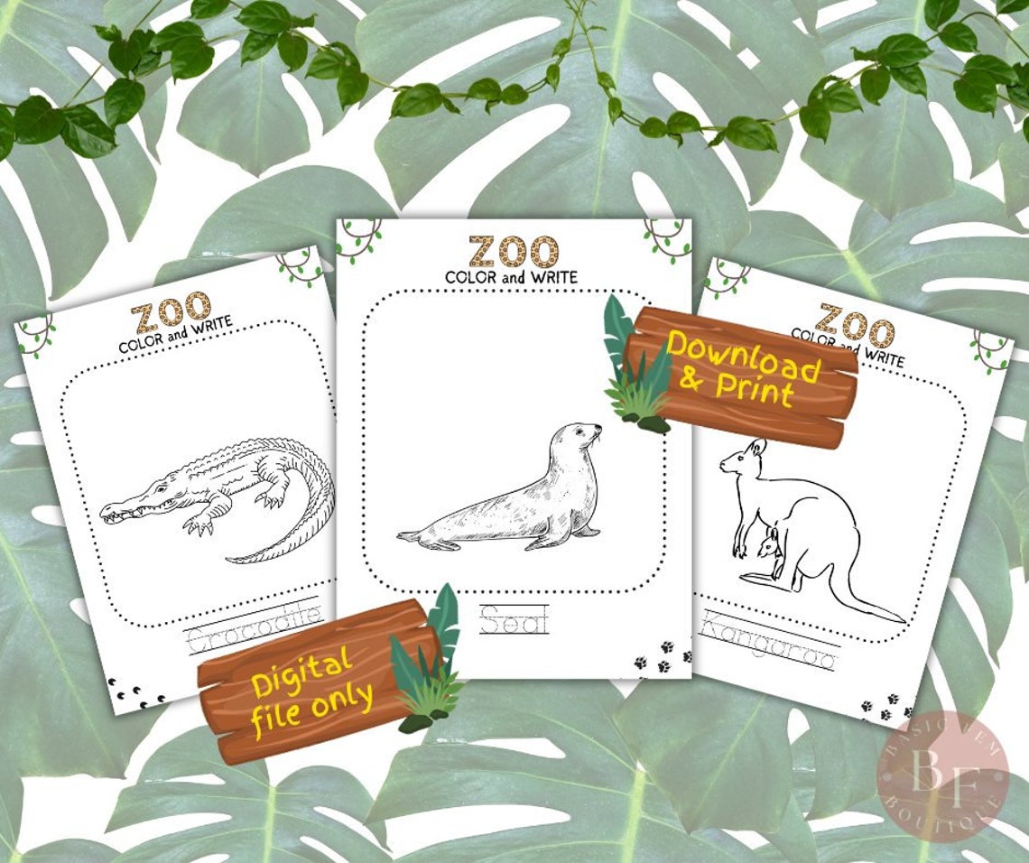 Zoo Animal Coloring Page & Handwriting Practice PDF Bundle, Printable ...