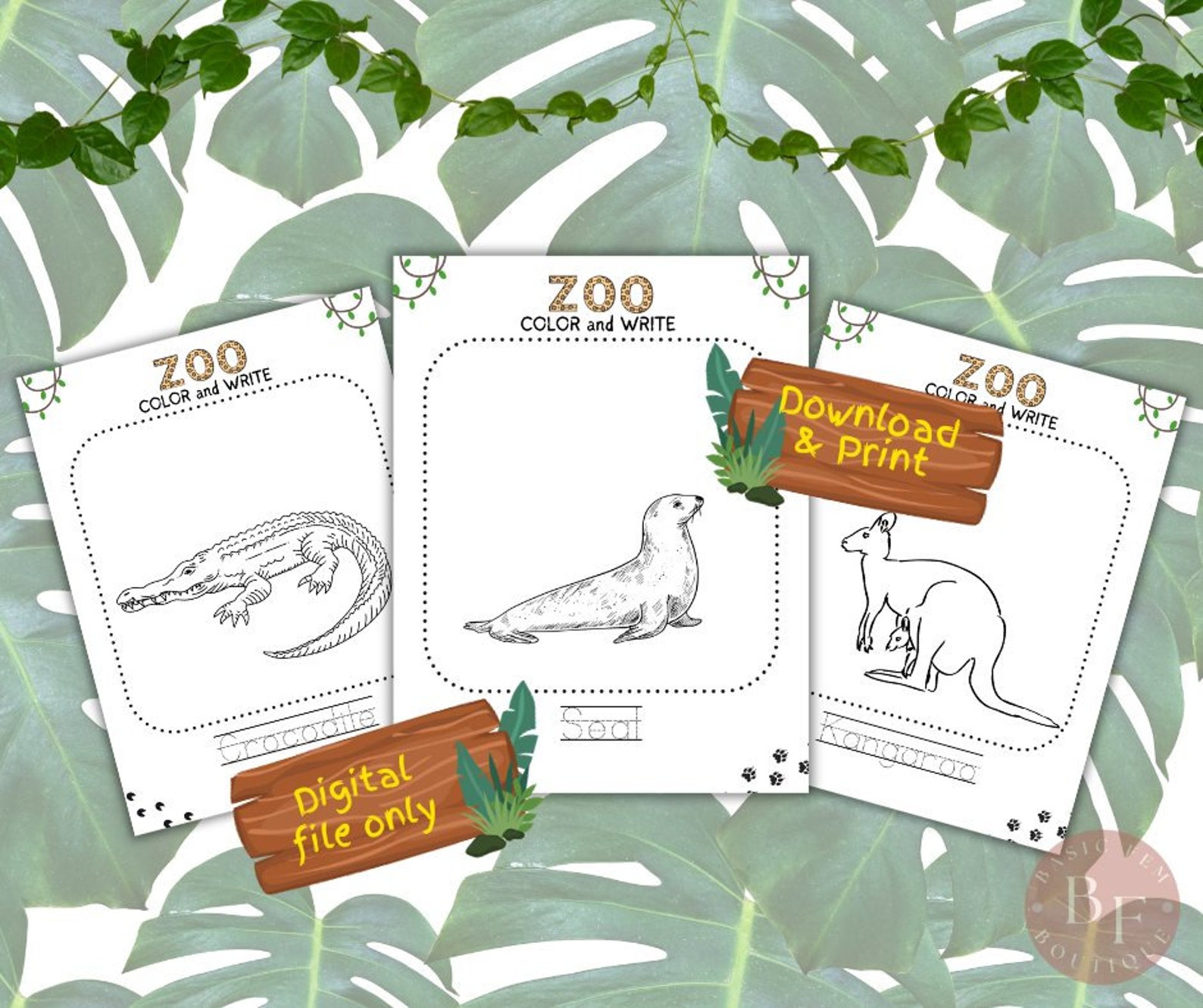 Zoo Animal Coloring Page & Handwriting Practice PDF Bundle, Printable ...