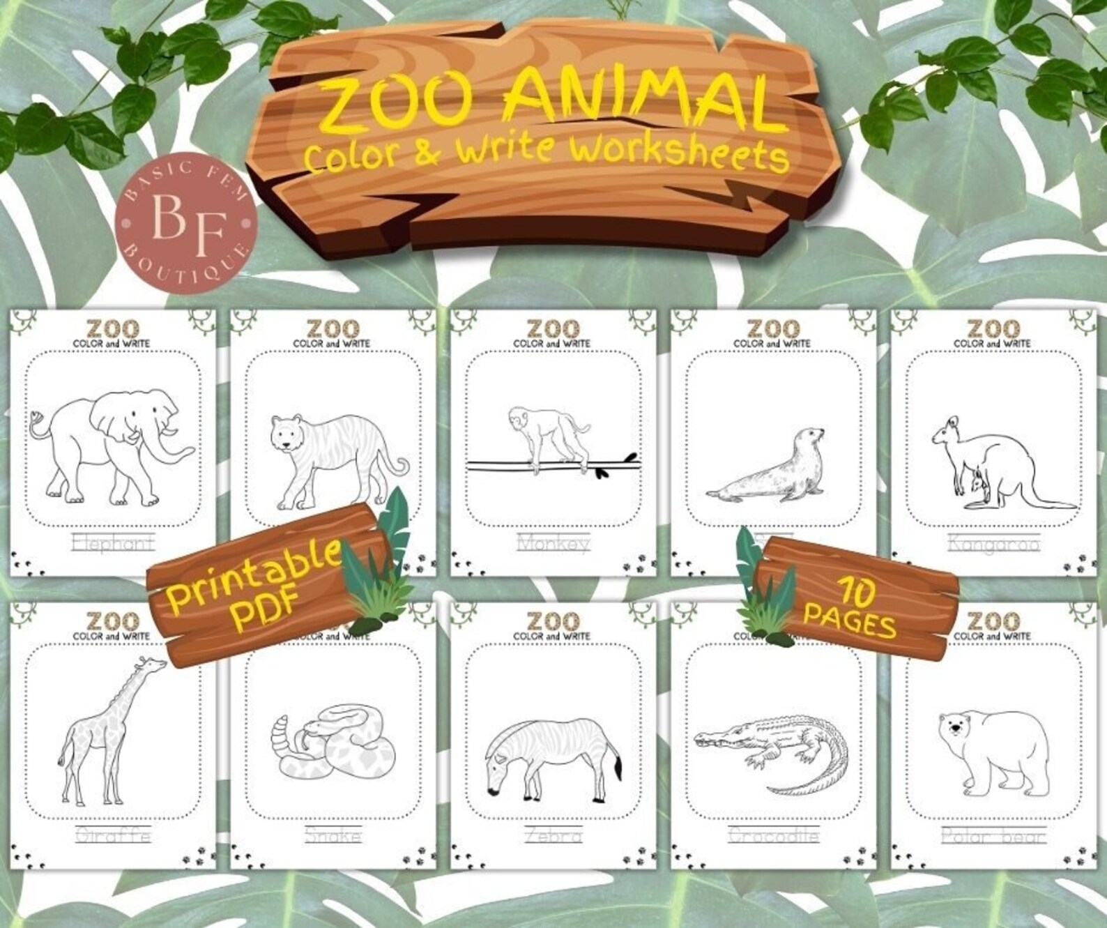 Zoo Animal Coloring Page & Handwriting Practice PDF Bundle, Printable ...
