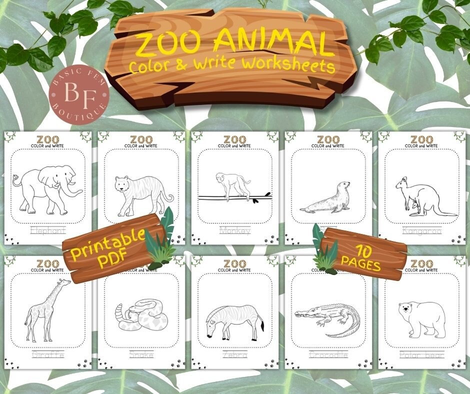 Zoo Animal Coloring Page & Handwriting Practice PDF Bundle, Printable ...