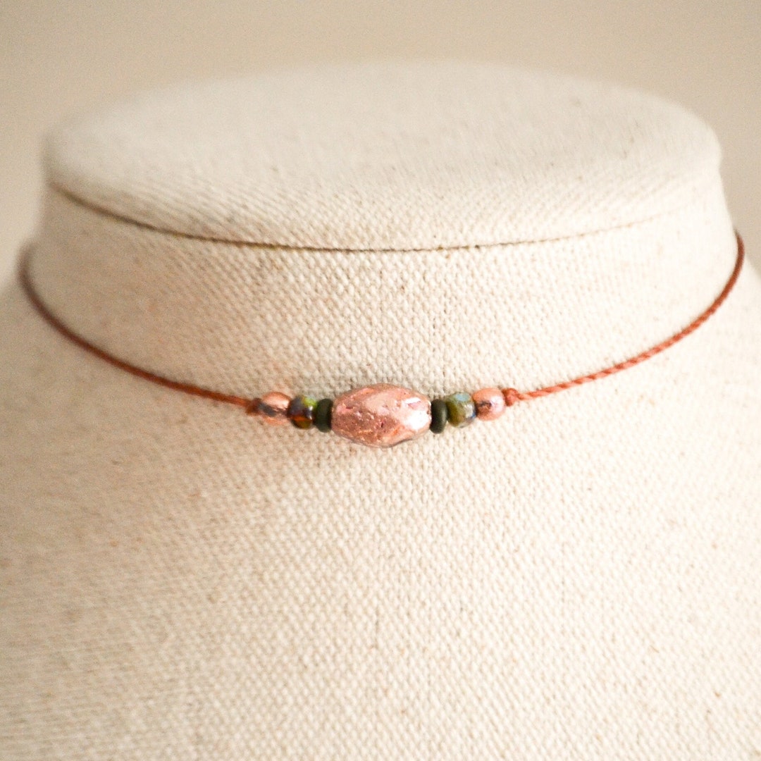 Hippie Boho Copper Necklace Fire Polished Czech Glass Copper & Olive Necklace Dainty Handmade ...