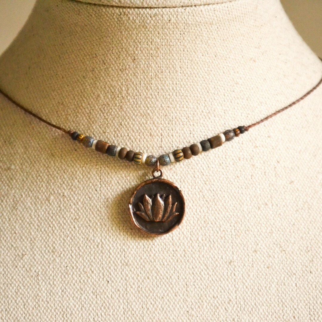 Earthy Lotus Pendant Necklace Copper Flower Beaded Charm Necklace ...