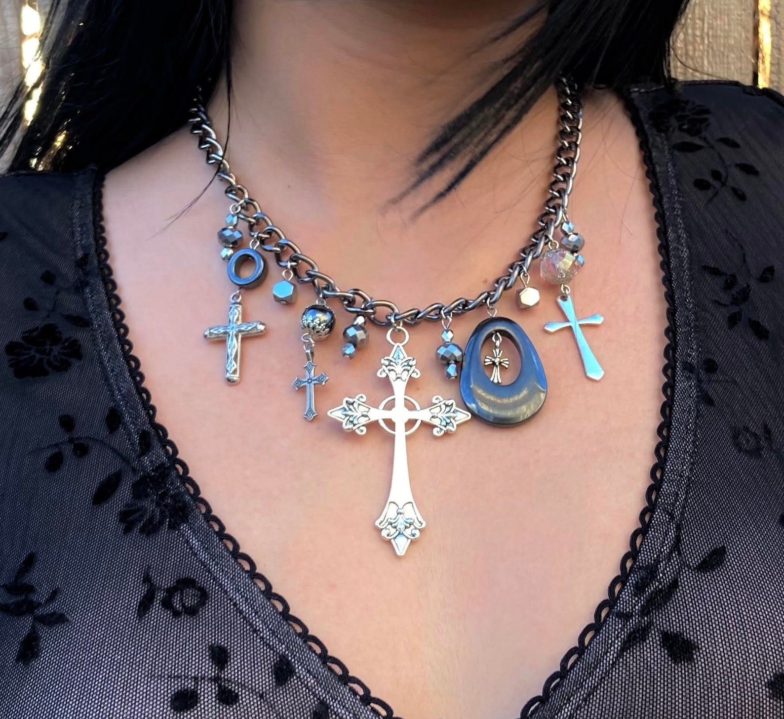 Dark Silver Five Cross Handmade Custom Necklace Gothic Fashion Jewelry ...