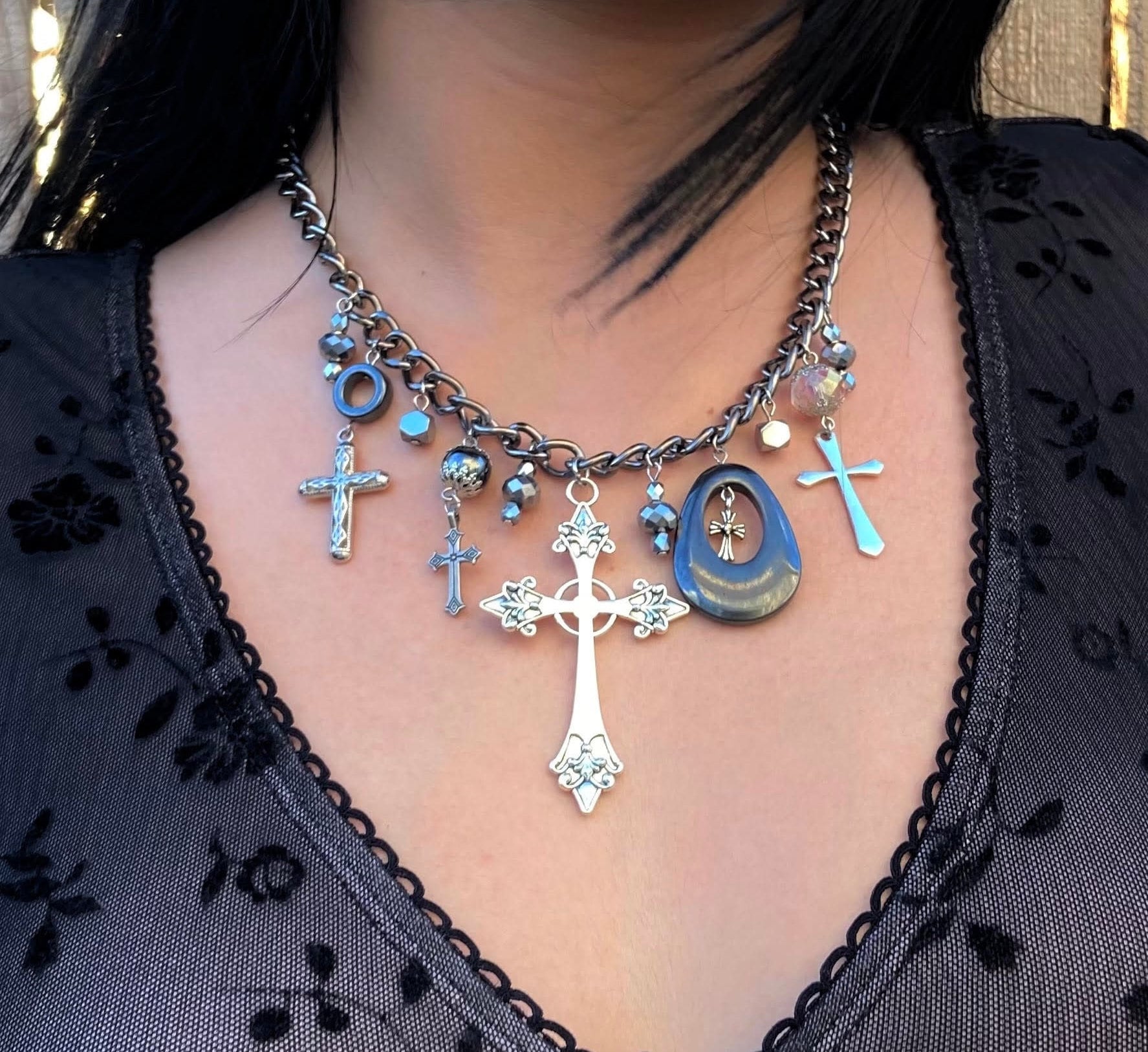 Dark Silver Five Cross Handmade Custom Necklace Gothic Fashion Jewelry ...