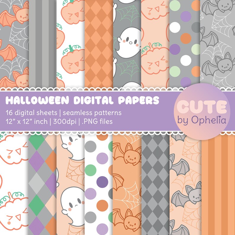 16 Digital Papers | KAWAII HALLOWEEN | Seamless Pattern | Scrapbook ...