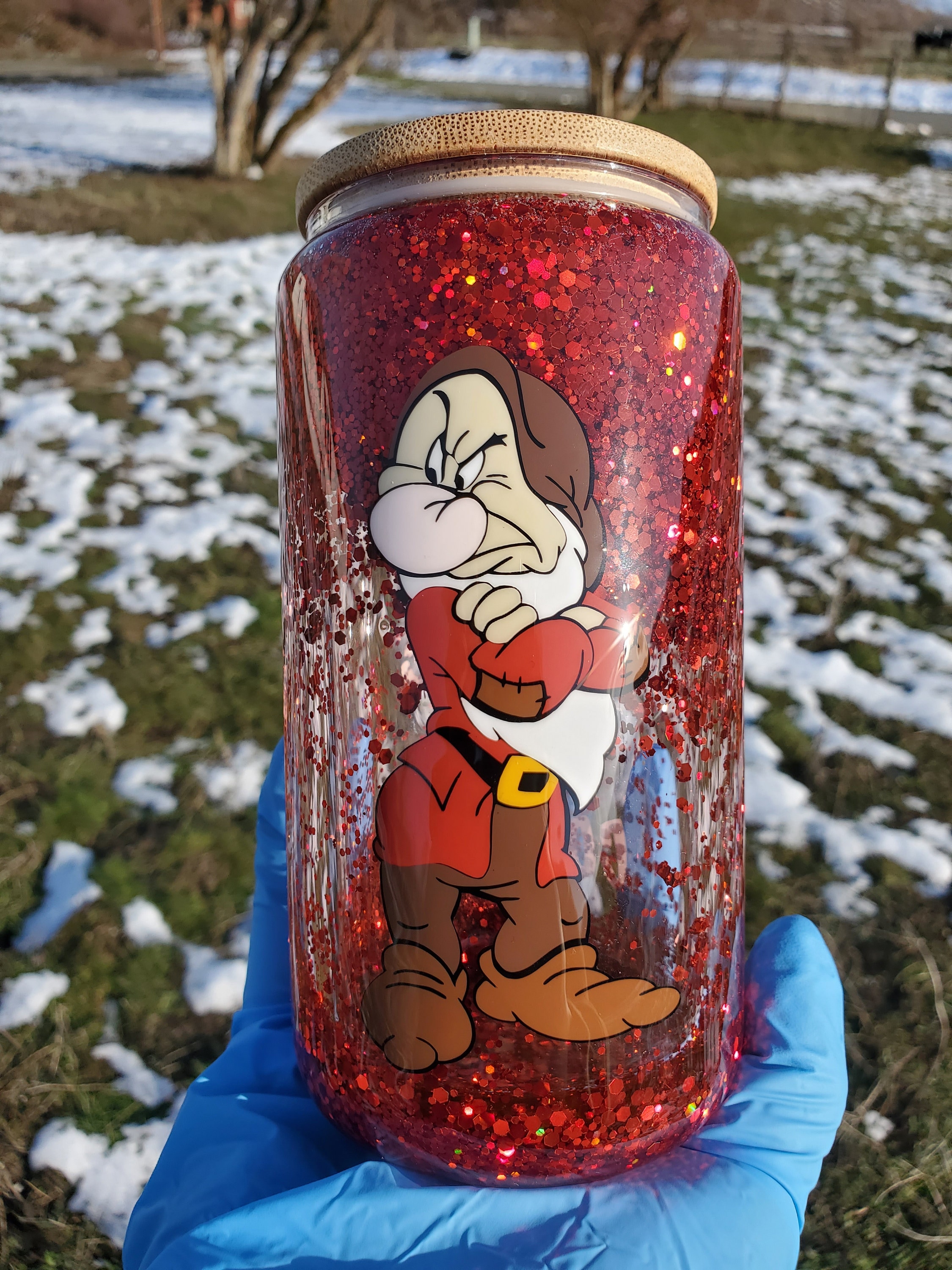 Grumpy Before Coffee 12 Oz Snowglobe Glass Can WITH Bamboo Lid & Straw ...