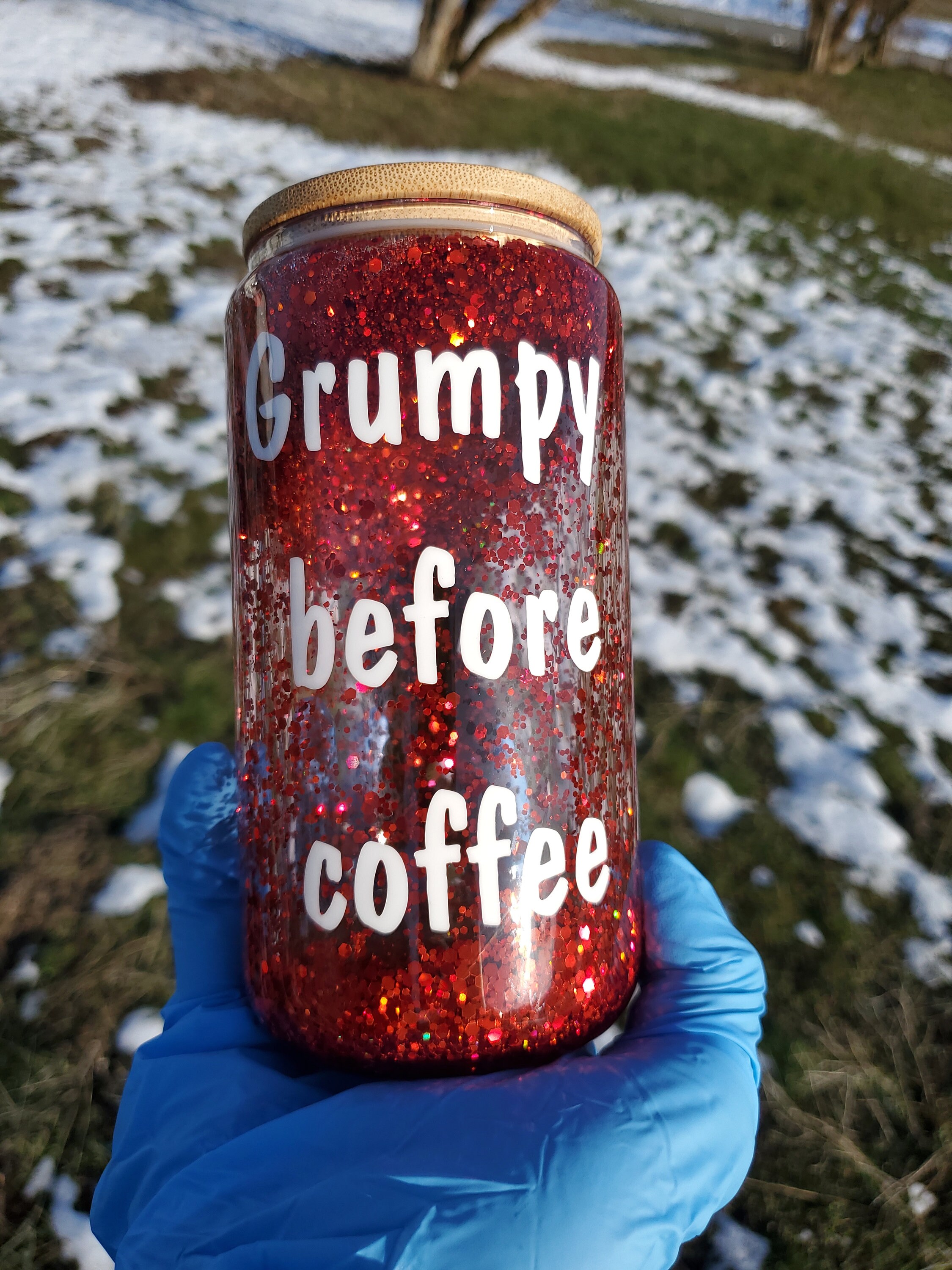 Grumpy Before Coffee 12 Oz Snowglobe Glass Can WITH Bamboo Lid & Straw - Etsy
