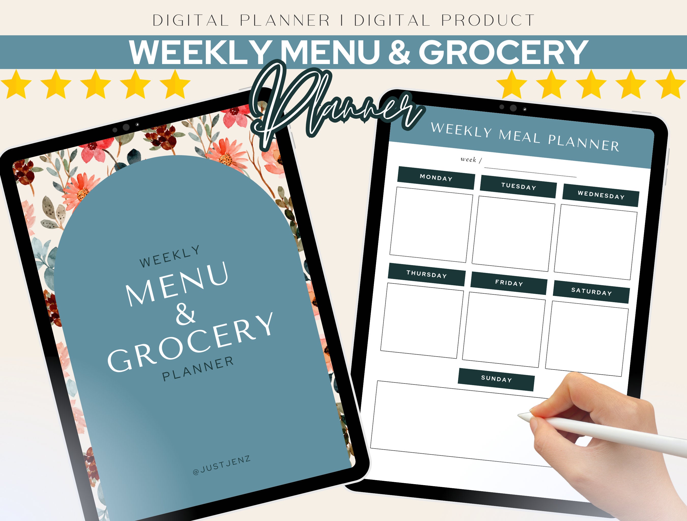 Digital Meal Planning Template With Grocery Checklist Weekly Menu ...