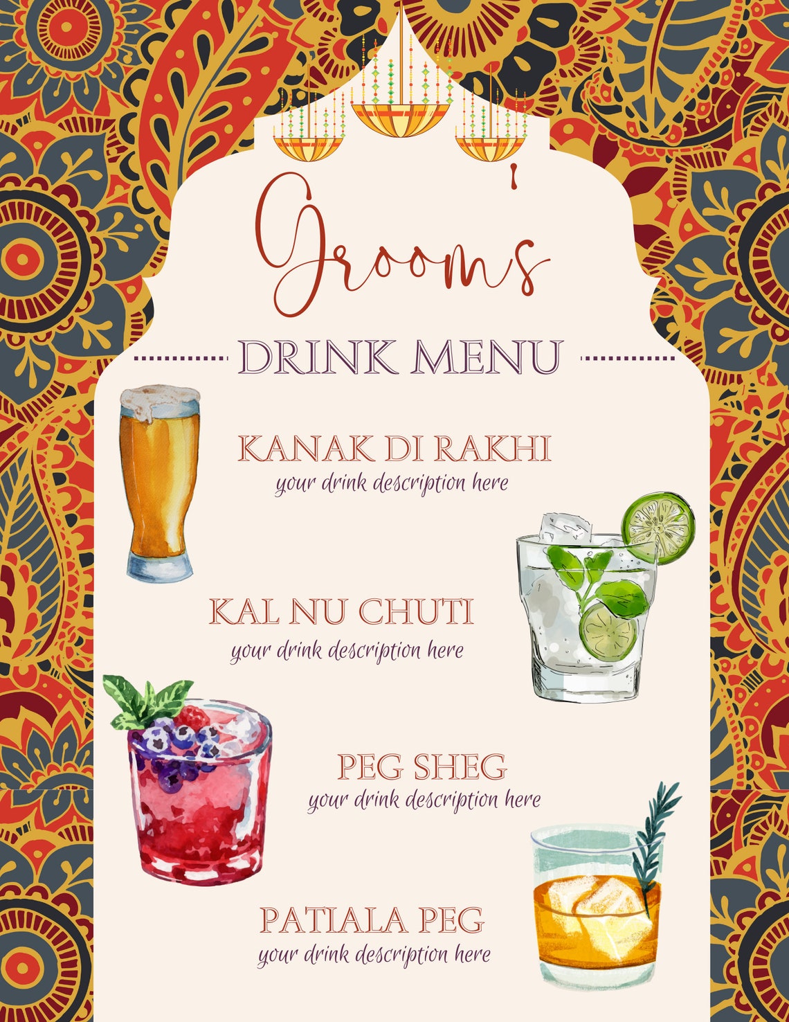 Custom Drink Menu Punjabi Drink Menu Bar Menu Wedding Drink Menu Indian ...