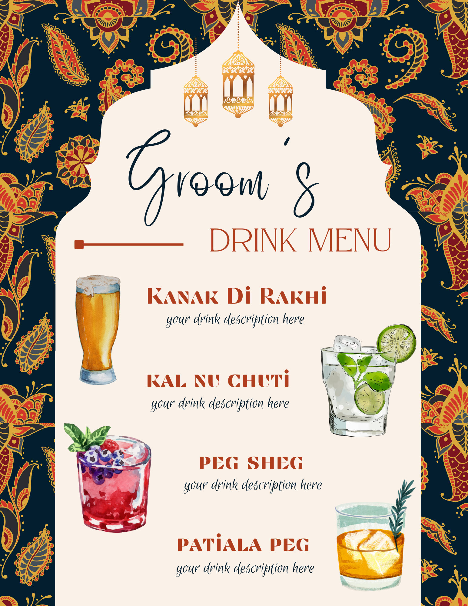 Custom Drink Menu Punjabi Drink Menu Bar Menu Wedding Drink Menu Indian ...
