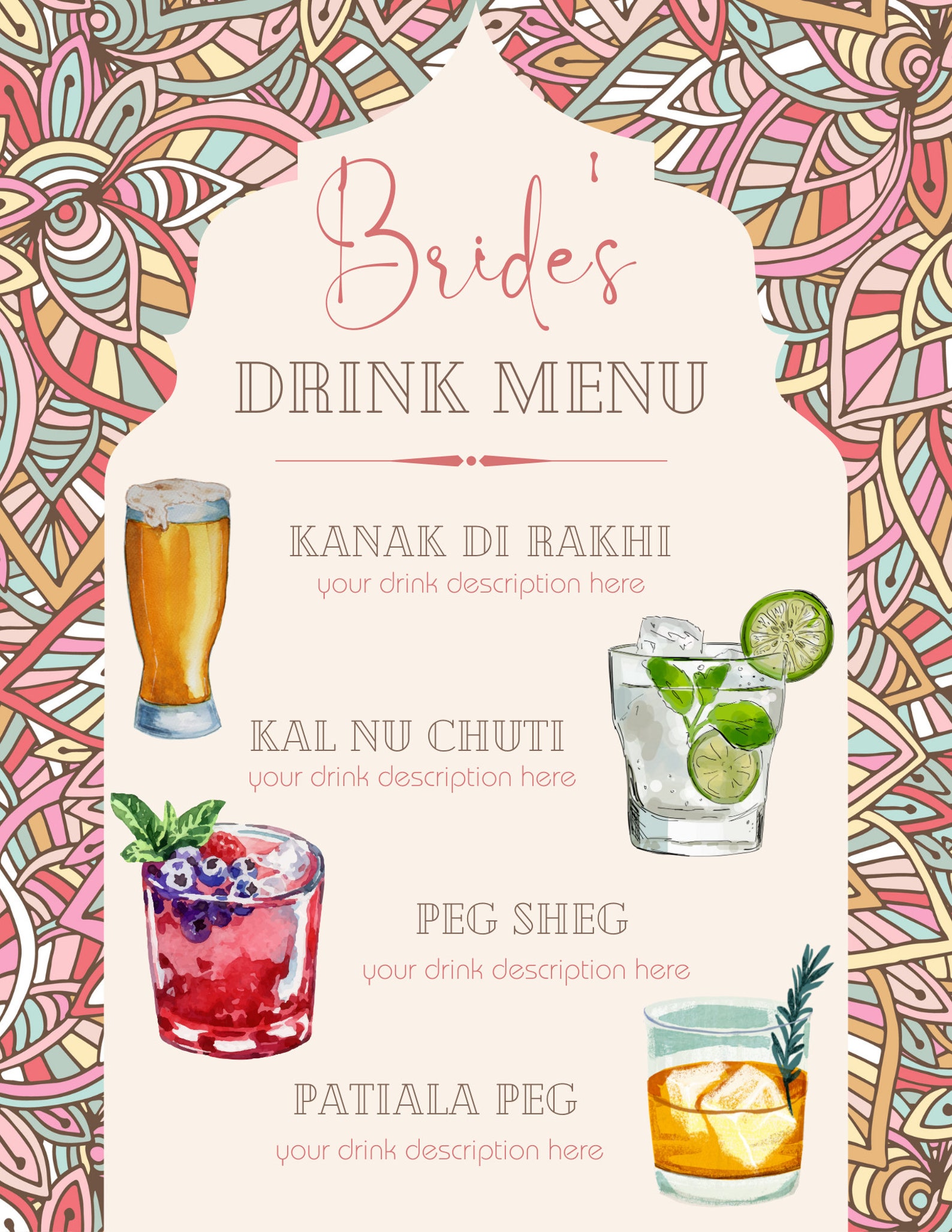 Custom Editable Drink Menu | Punjabi Drink Menu | Bar Menu | Wedding ...