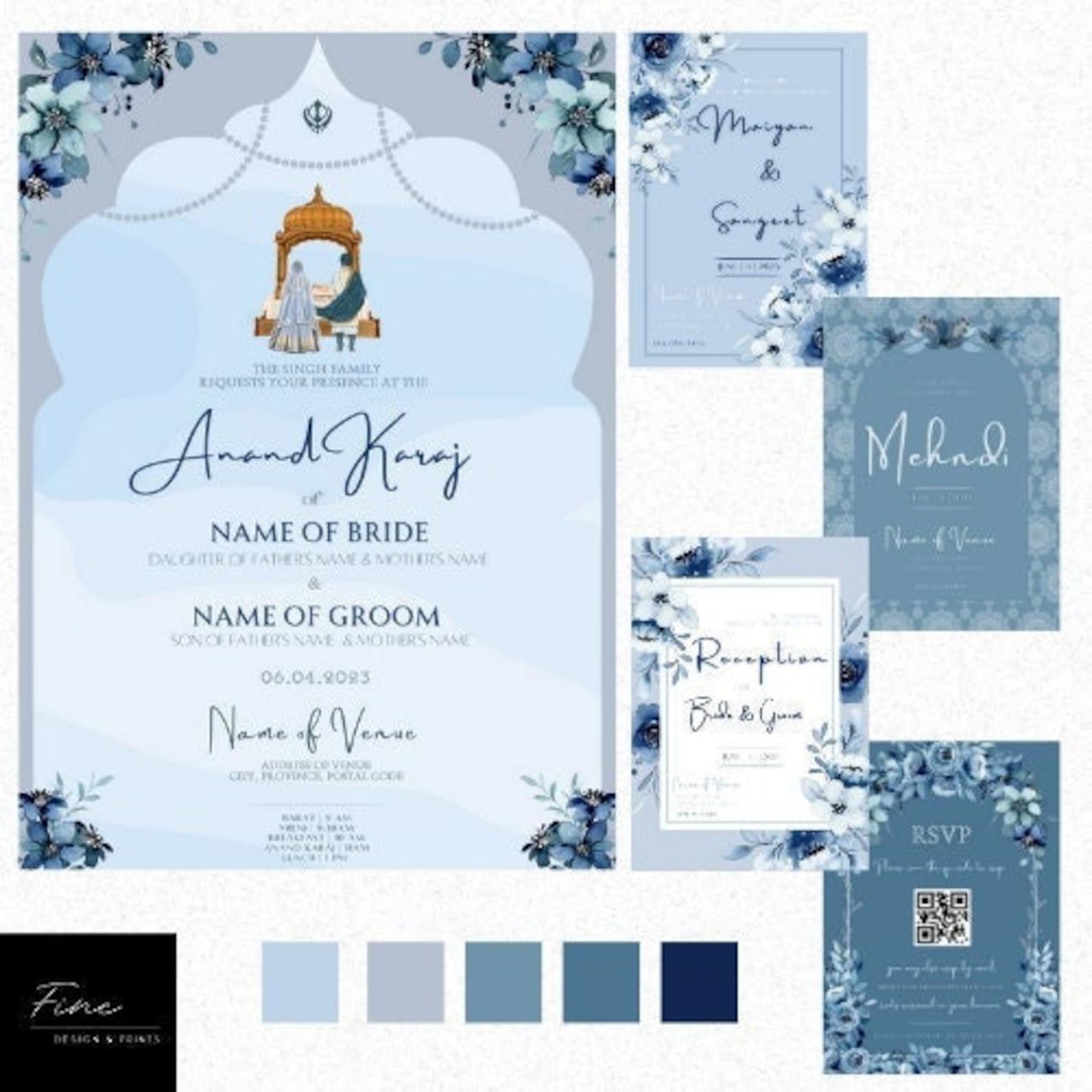 Sikh Wedding Invitation Template Set: Anand Karaj Cards (digital ...